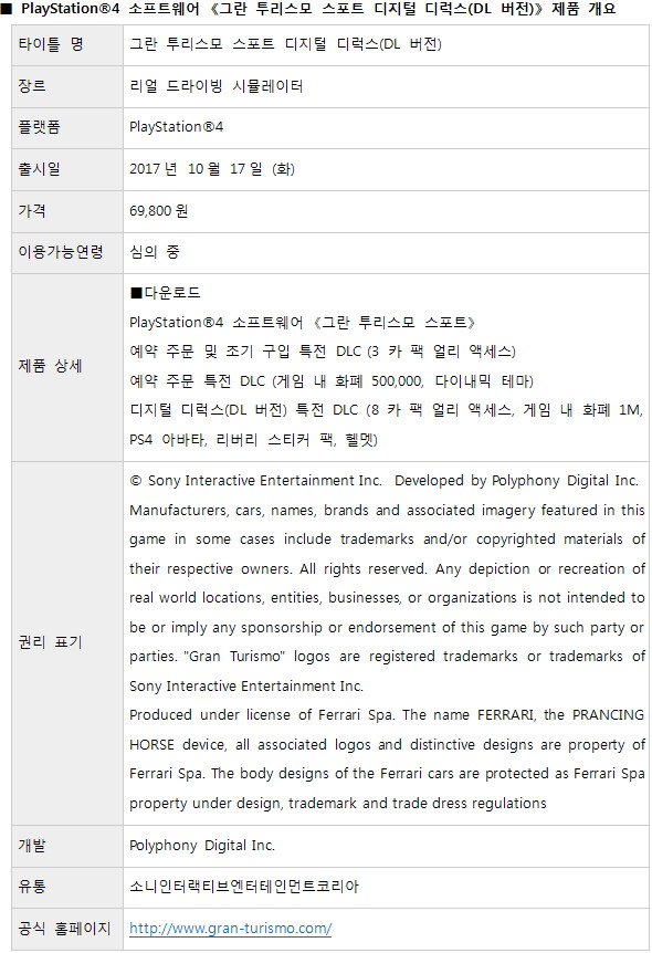 SIEK PS4™용 그란 투리스모 스포트 10월 17일 한국 출시